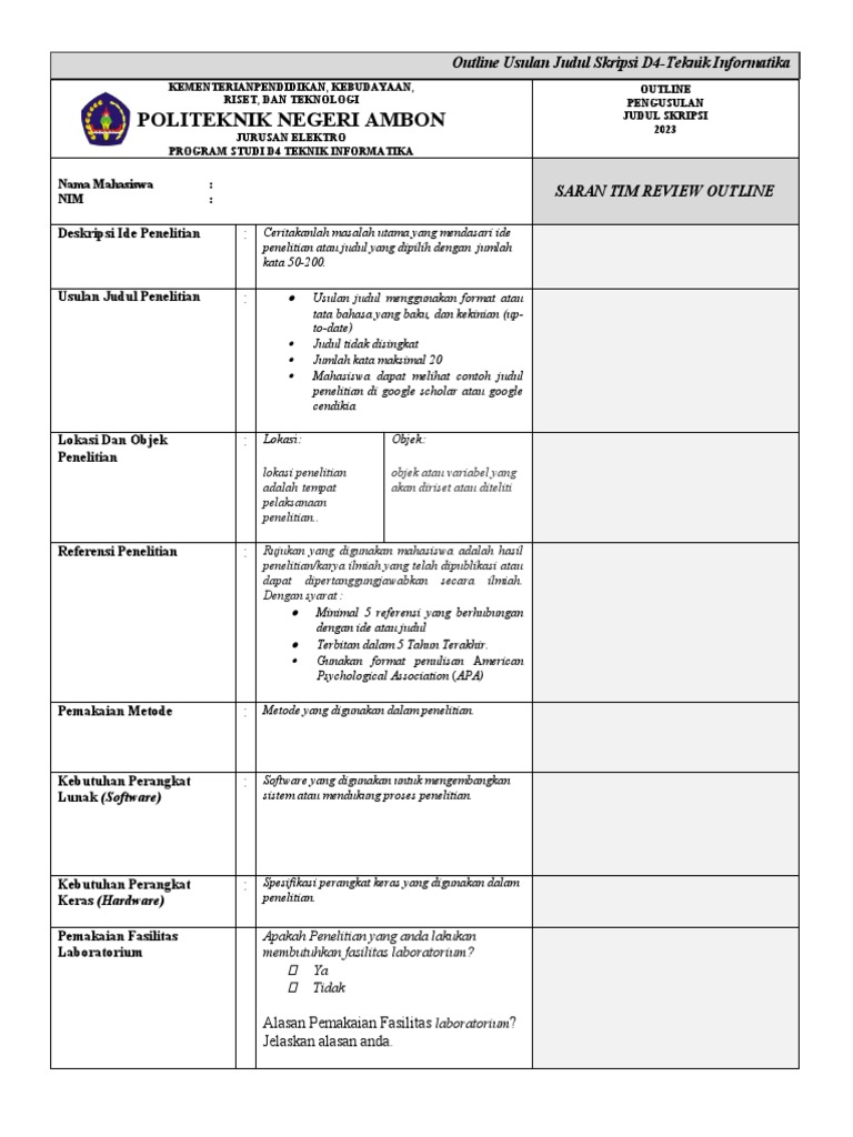 Template - Outline Usulan Judul Skripsi D4 Teknik Informatika Salinan | PDF