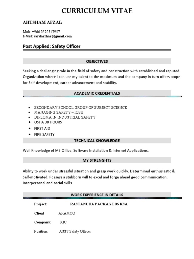 Ahtsham CV Safety Officer | PDF | Occupational Safety And Health | Safety