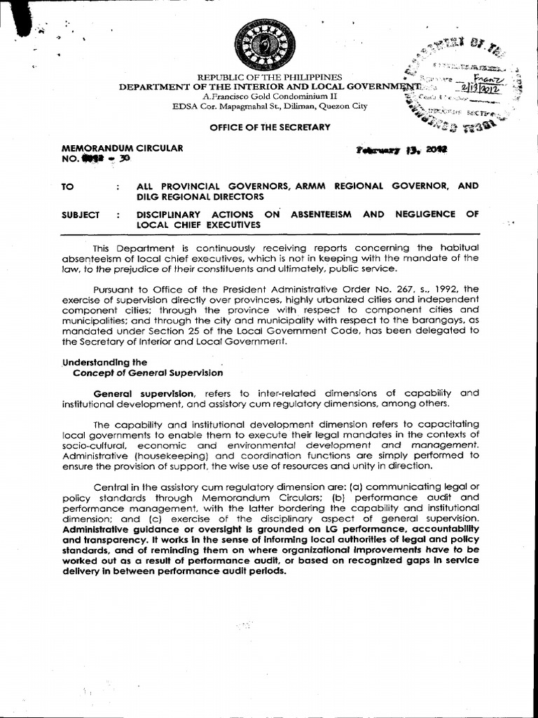 DILG MC 2012-30 Disciplinary Actions On Absenteesm and Negligence of LCE | PDF | Justice | Crime ...