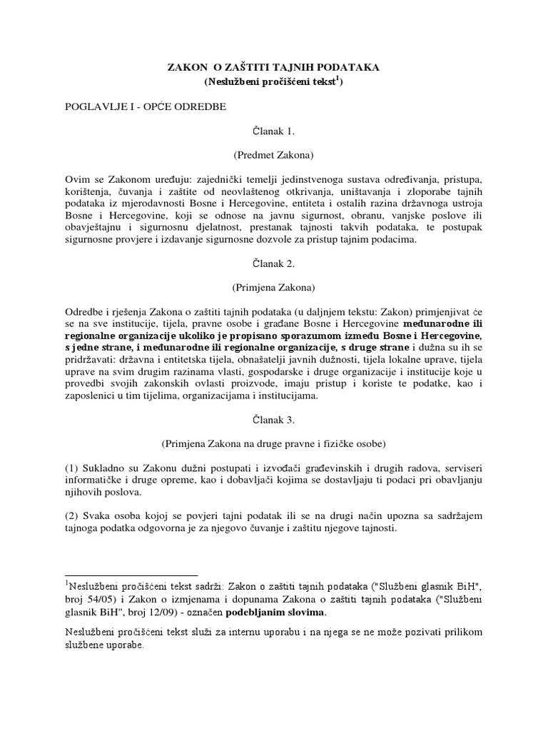 Nesluzbei Precisceni Tekst - Zakon o Zastiti Tajnih Podataka - H | PDF
