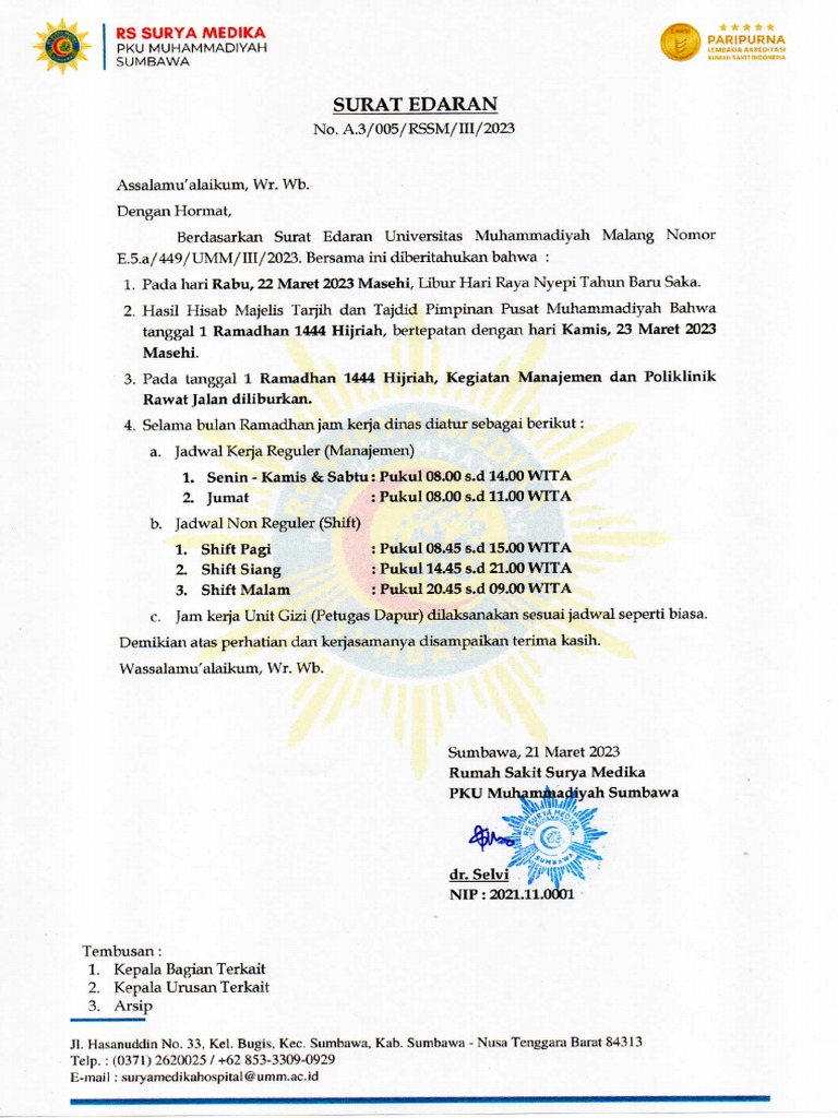 Surat Edaran Libur & Jam Kerja Dinas Bulan Ramadhan | PDF