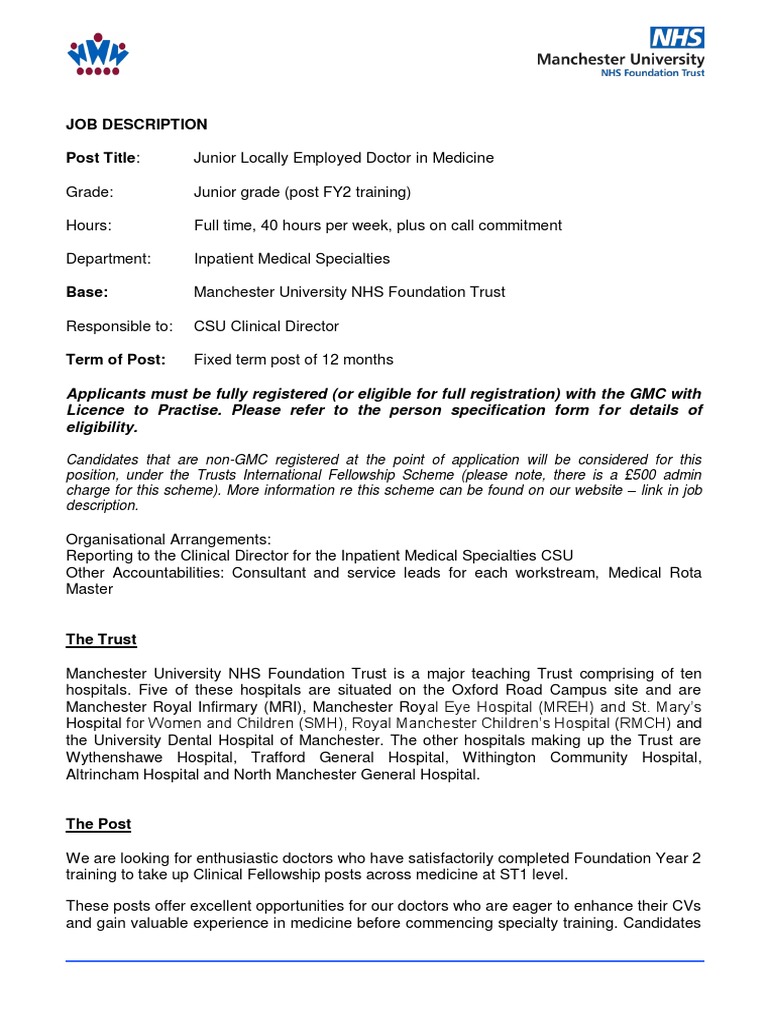 IMS Junior Clinical Fellow Job Description | PDF | Hospital | Medicine