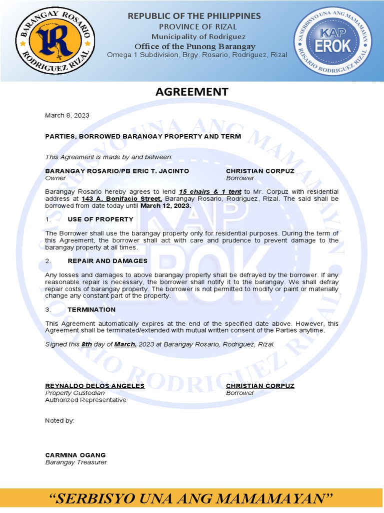 Agreement of Brgy Property Borrowers | PDF