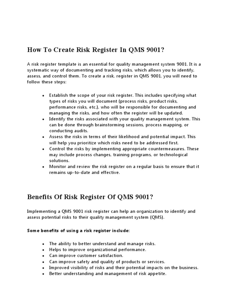 How To Create Risk Register in QMS 9001 | PDF