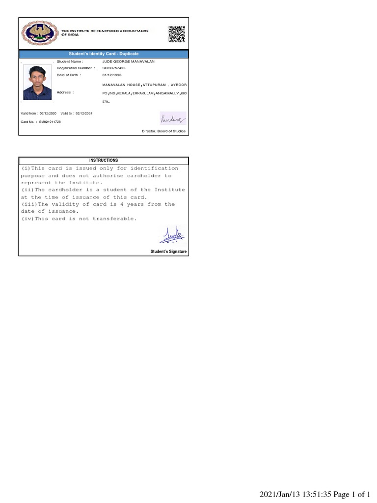 INTER CA STUDENT ID CARD | PDF