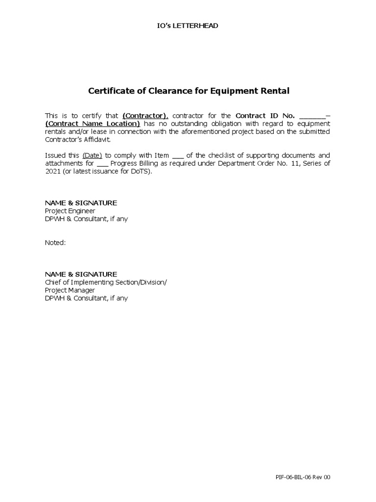PIF 06 BIL 06 Cert - Clearance Equipment | PDF