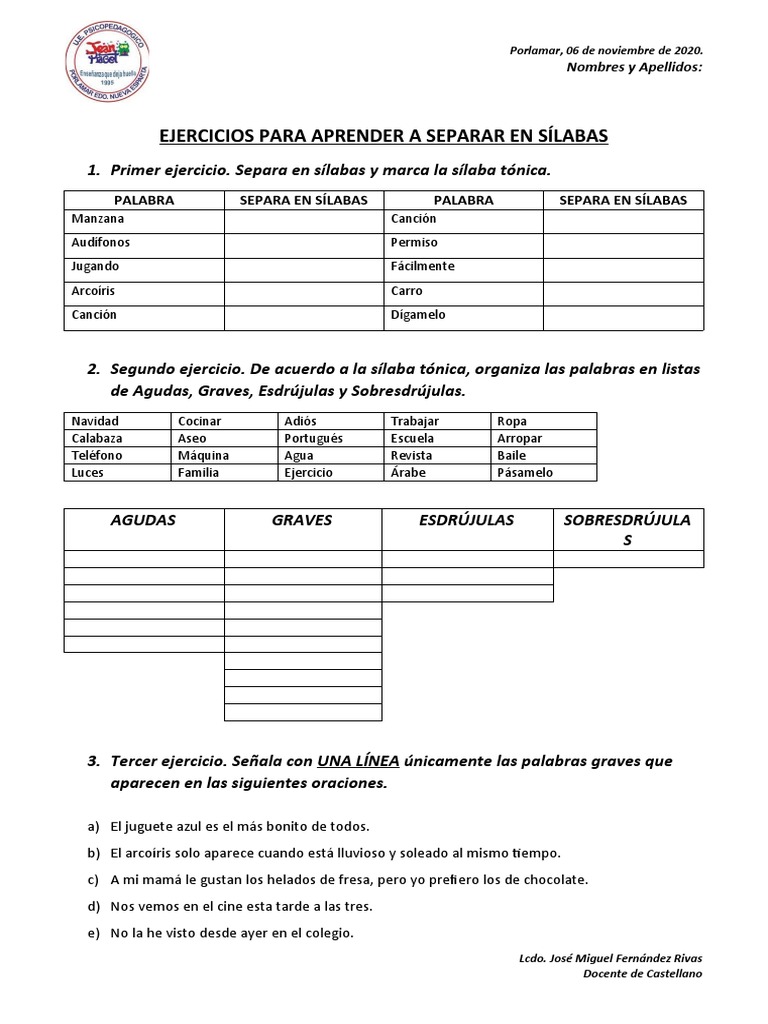 Ejercicios para Aprender A Separar en Sílabas | PDF