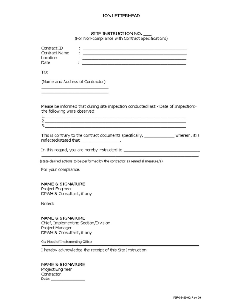 PIF-05-SI-01 Rev 0 SI (For Non Compliance With Contract Specifications ...