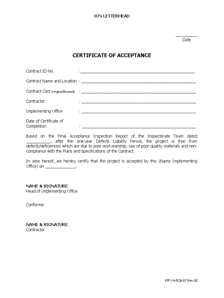 PIF-14-PCA-07 Certificate of Acceptance | PDF