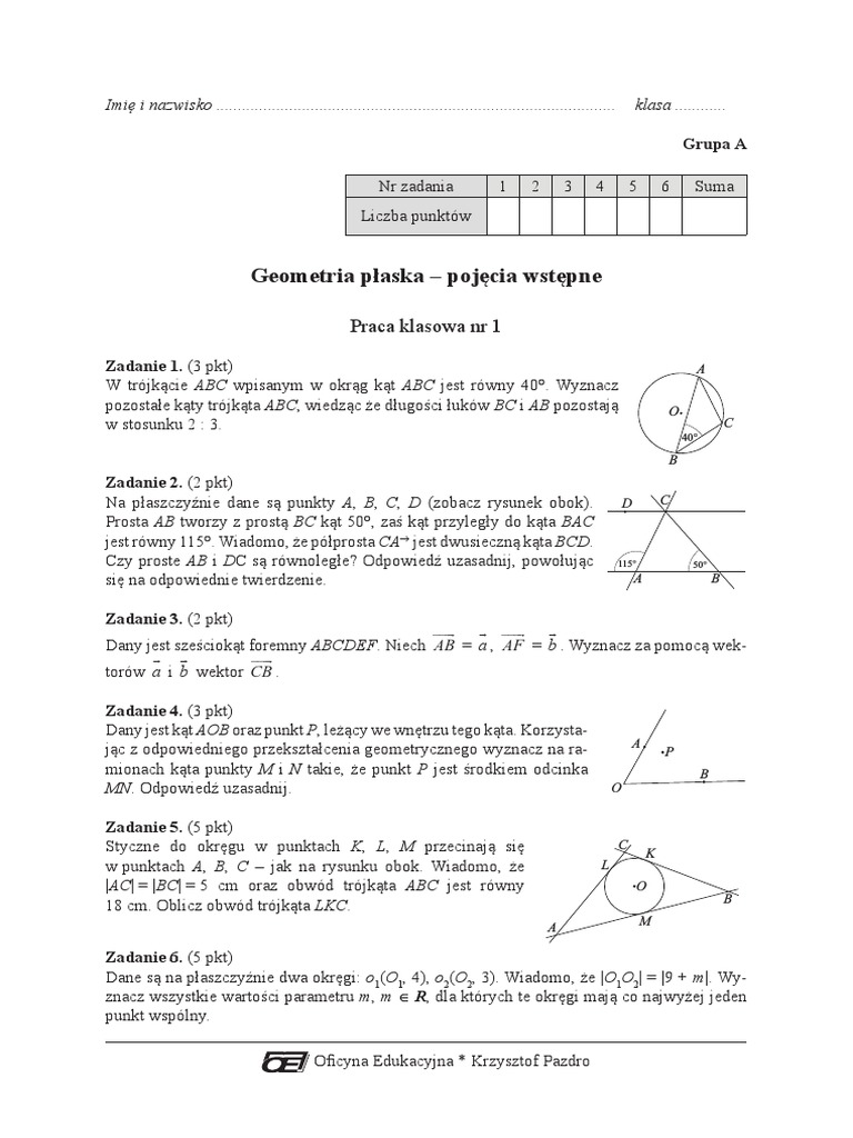 Geometria Plaska Pojecia Wstepne Praca Klasowa 1 GR A Wersja PDF | PDF