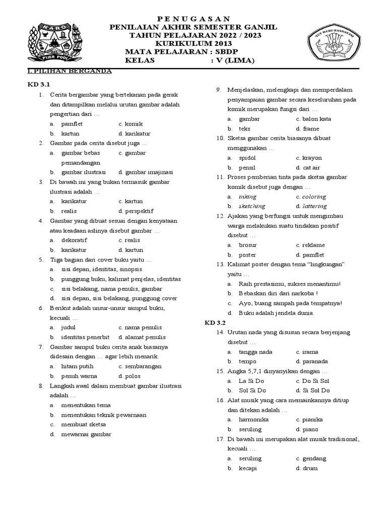 Soal Semester Ganjil SBDP Kls 5 | PDF