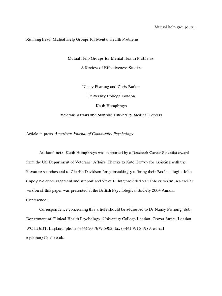 Groupe D'entraides Pistrang, Barker Et Humphreys (2008) | PDF | Mental ...