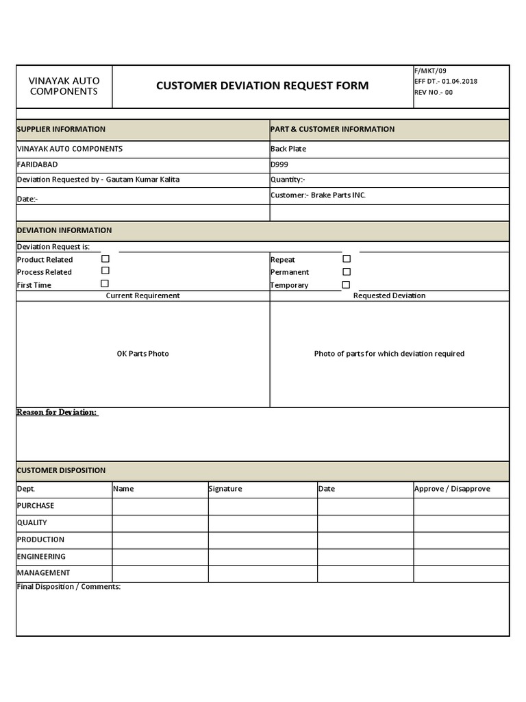 Deviation Form Pdf