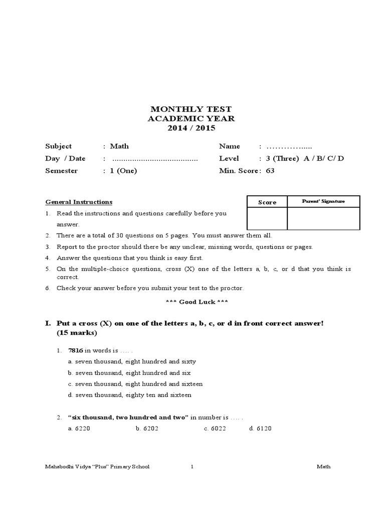 Maths Monthly Test P3 Sem 1 Edit | PDF