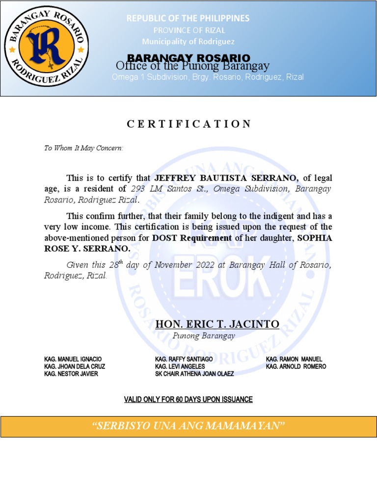 Certification - Low Income Family | PDF