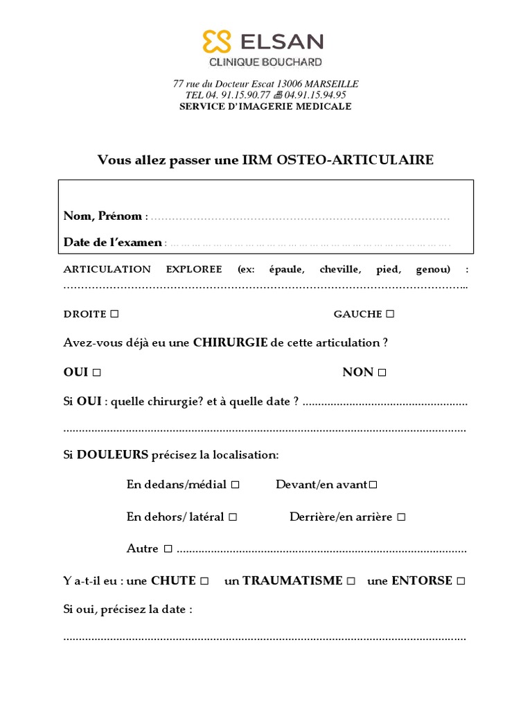 Irm Osteo-Articulaire Questionnaire | PDF