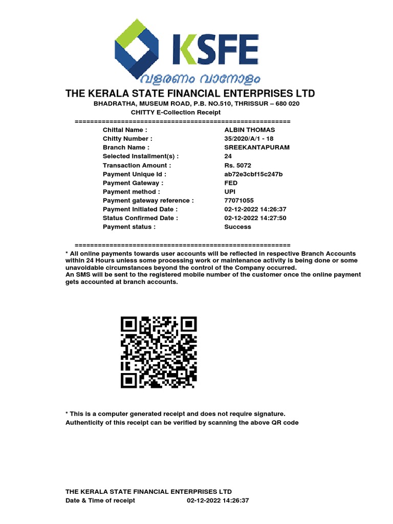 KSFE Chitty Payment Receipt Details | PDF