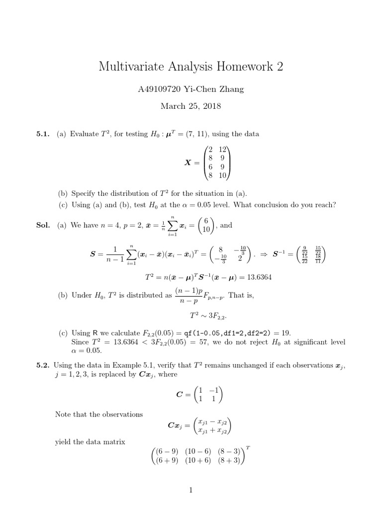 Multivariate Analysis Homework Solutions | PDF | Degrees Of Freedom ...
