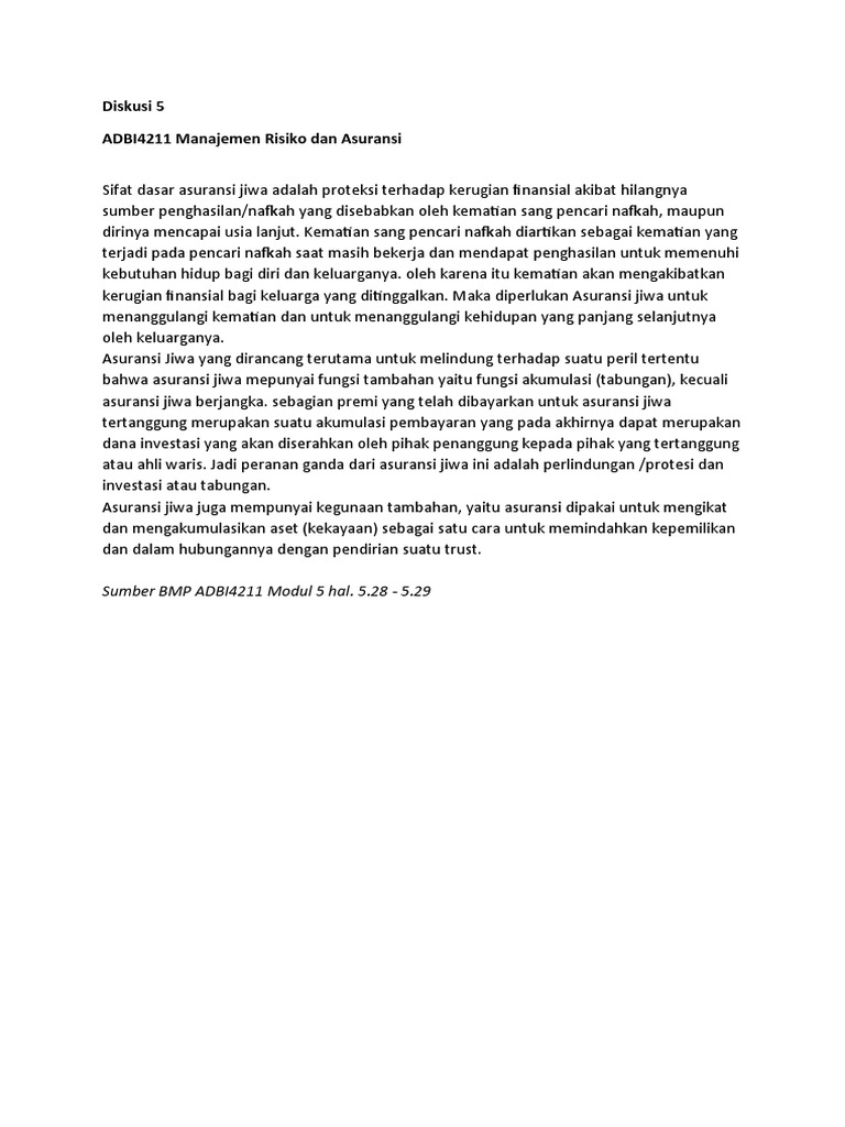 Diskusi 5 Manajemen Risiko Dan Asuransi | PDF | Karier & Perkembangan | Bisnis