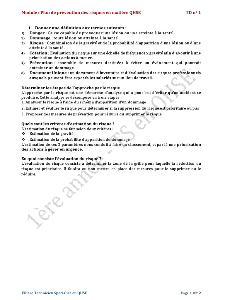 TD n° 1 PPMQHSE | PDF