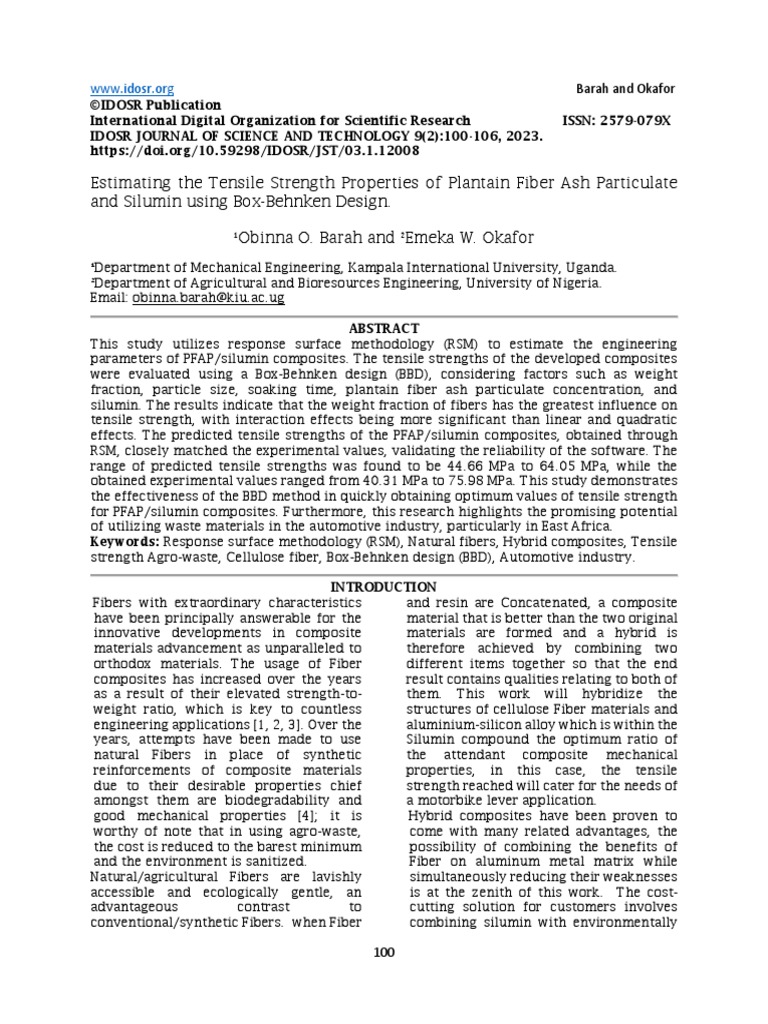 Estimating The Tensile Strength Properties of Plantain Fiber Ash ...