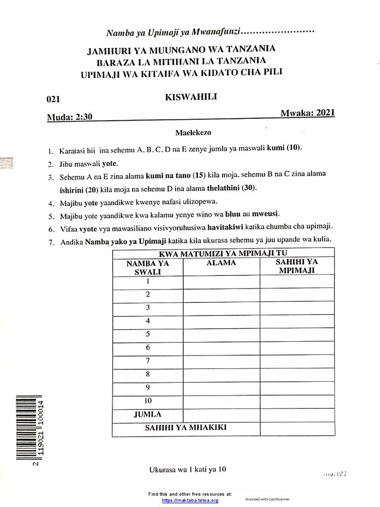 Kiswahili F2 2021 Pdf