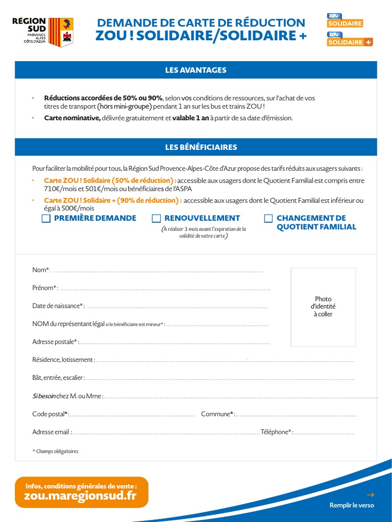 Region Sud Zou Formulaire Carte Zou Solidaire A4 1 | PDF