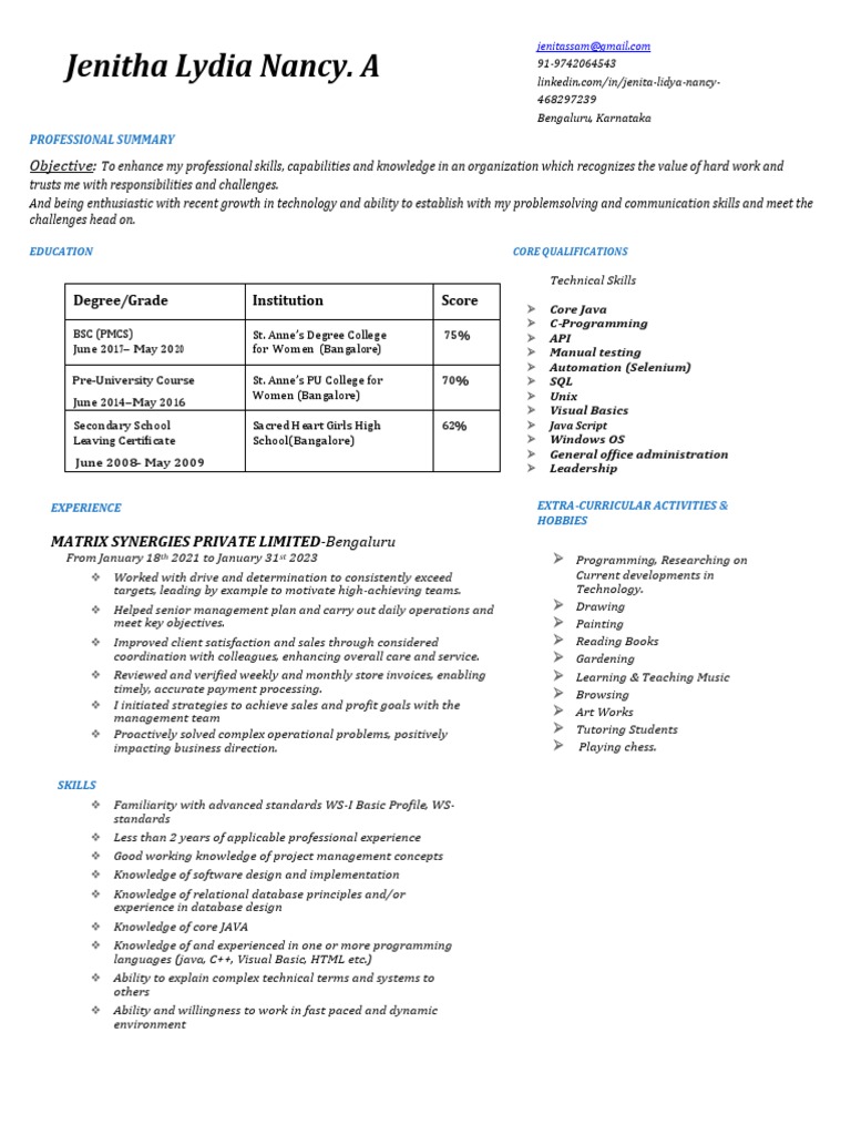 Jenitha Lydia Resume | PDF | Software Development Process | Knowledge