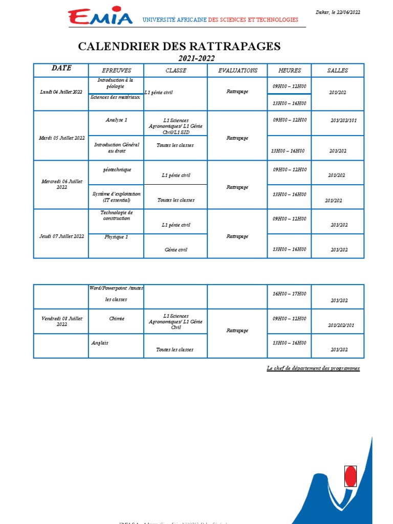 Calendrier RATTRAPAGE S1 GC | PDF