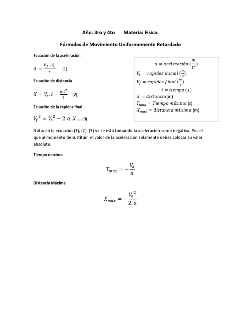 Fórmulas de Movimiento Uniformemente Retardado | PDF | Aceleración ...