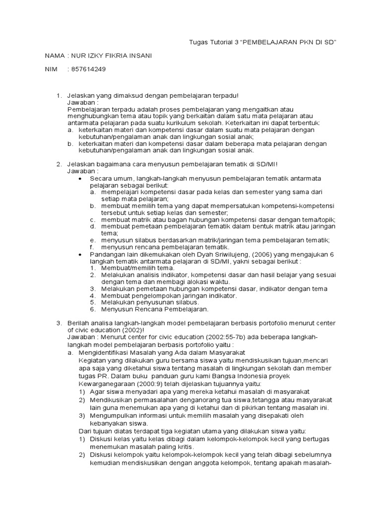 Tugas Tutorial 3 Pembelajaran PKN Di SD | PDF