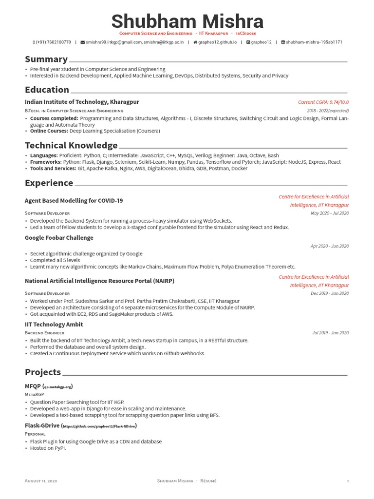 Shubham Mishra S Resume | PDF | Computer Science | Computer Engineering