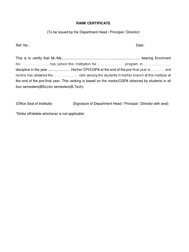Rank Certificate Format for Students | PDF