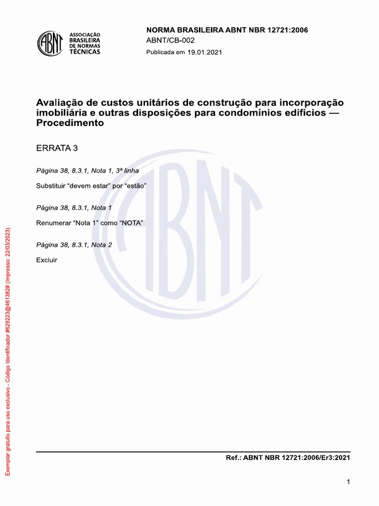 NBR 12721 - Errata 3-2021 19012021 | PDF