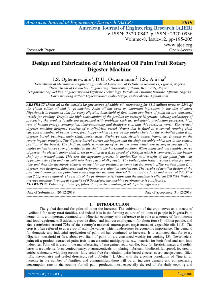 Design and Fabrication of A Motorized Oil Palm Fruit Rotary Digester ...