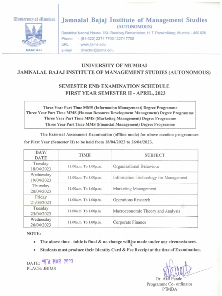 First Year Semester II Exam Time Table | PDF
