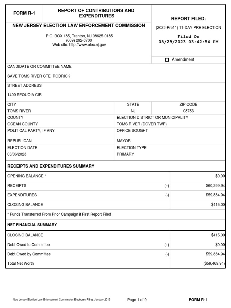 Toms River Mayoral Candidate Dan Rodrick 7 Day Pre-Election Filing ...