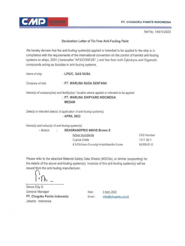 LPGC. GAS NUSA - AntiFouling Certificate | PDF