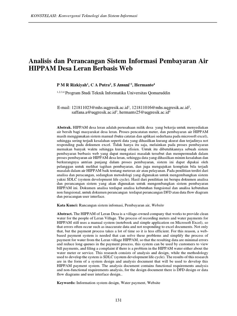 Analisis Dan Perancangan Sistem Informasi Pembayaran Air HIPPAM Desa Leran Berbasis Web | PDF
