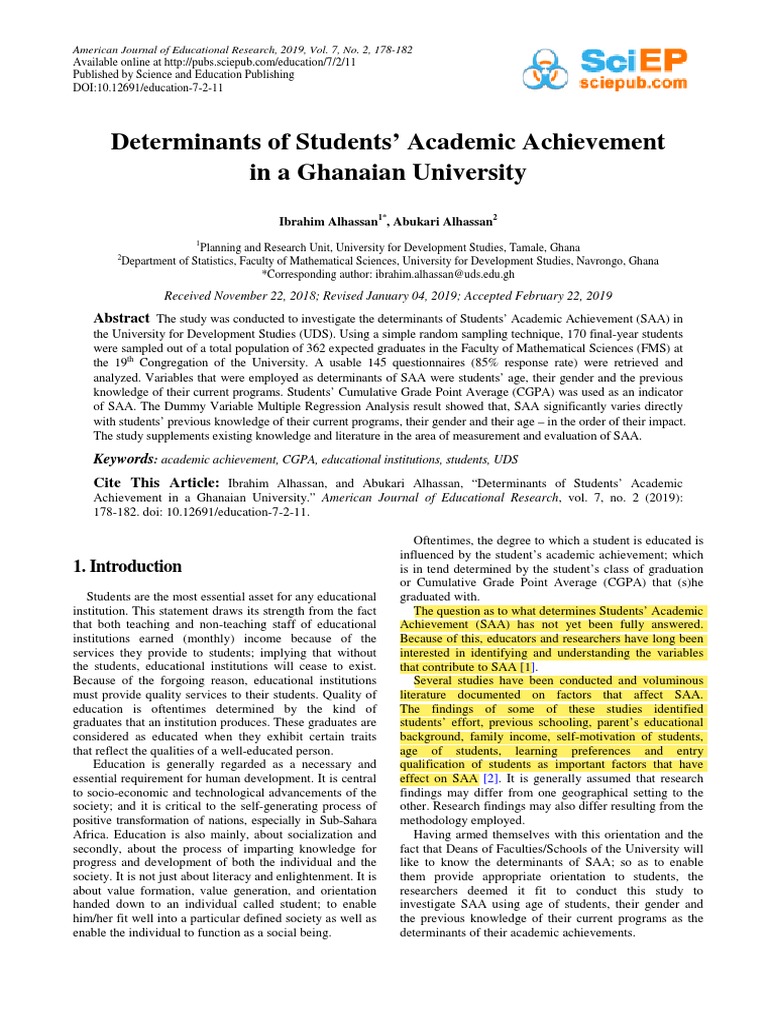 Determinants of Students' Academic Achievement in A Ghanaian University ...