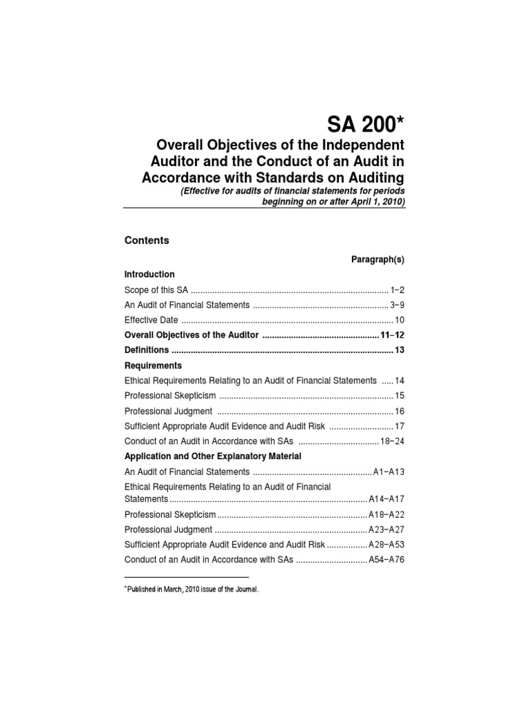 Standard On Auditing SA 200 Overall Objectives of The Independent ...