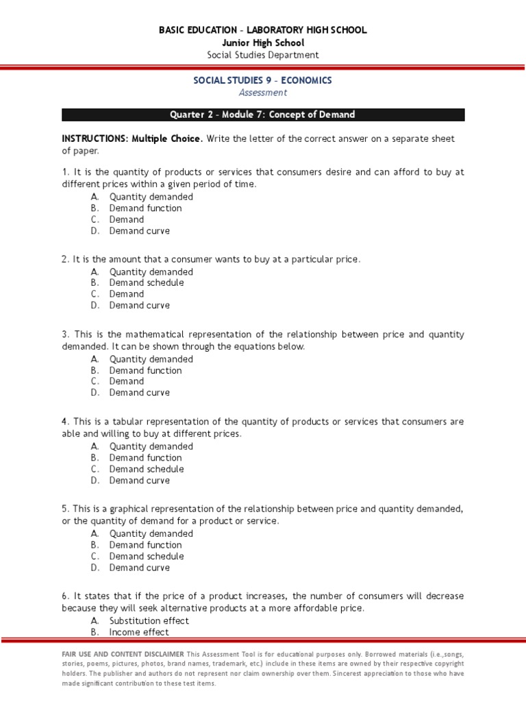 ECONOMICS Concept of Demand Quiz | PDF | Demand | Demand Curve