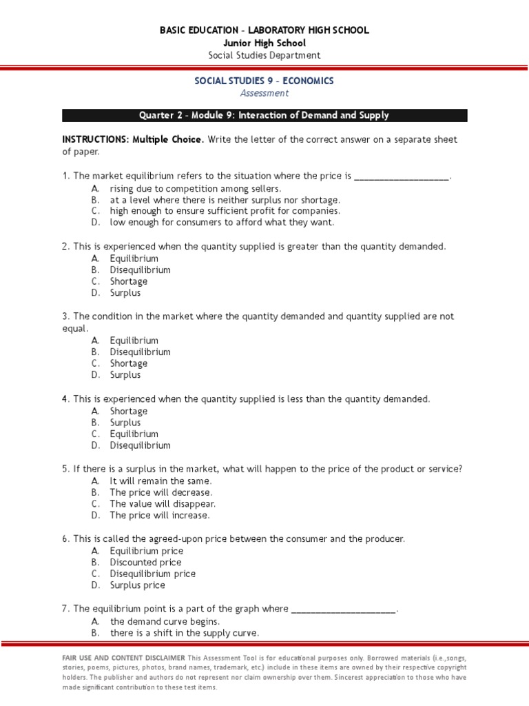 ECONOMICS Interaction of Demand and Supply Quiz | PDF