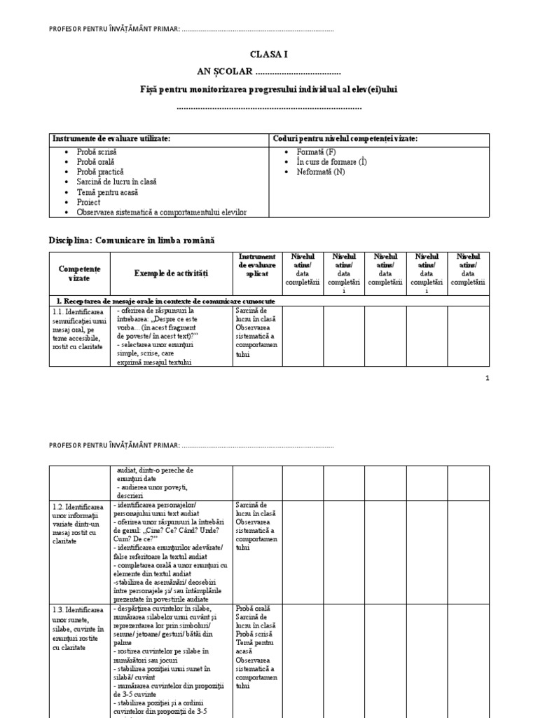 Fisa de Progres Scolar - Clasa I | PDF