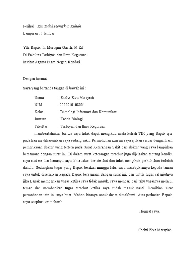 Surat Izin Tidak Mengikuti Perkuliahan | PDF