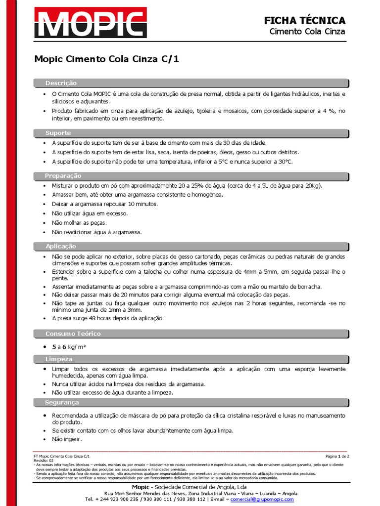 Cimento Cola Cinza Mopic: Guia Técnico | PDF | Cimento | Argamassa ...
