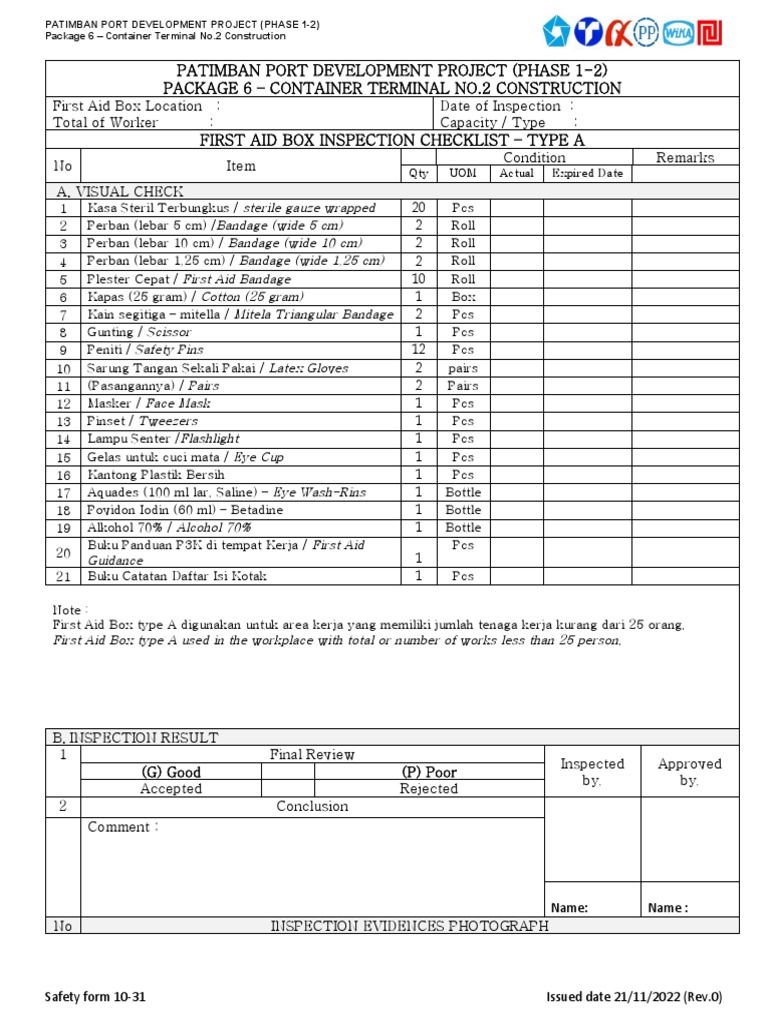 (Safety Form 10-31) First Aid Box Inspection Form - Type A | PDF
