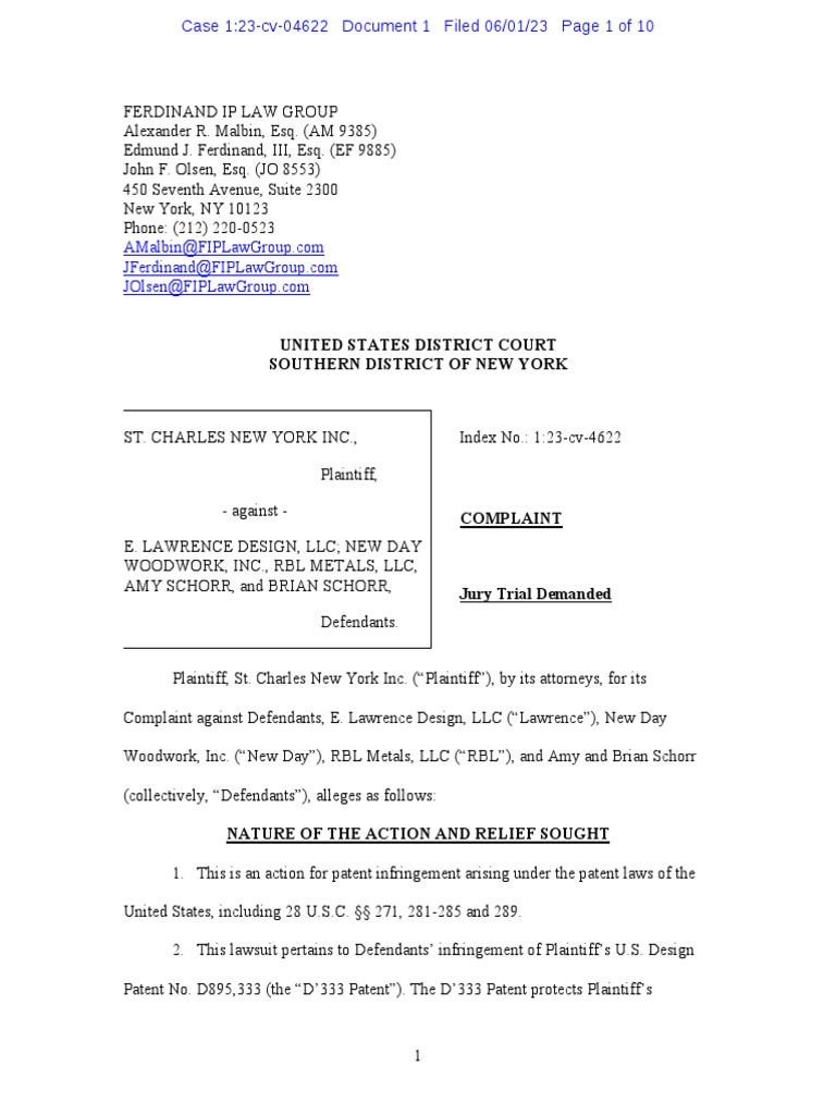 St. Charles NY v. E. Lawrence Design - Complaint | PDF | Patent | Complaint