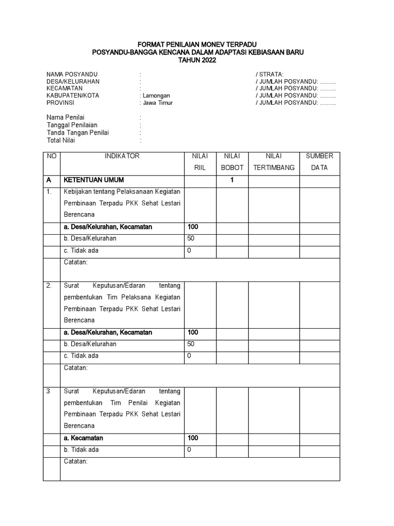 2022 Format Penilaian Posyandu Bangga Kencana Kabupaten | PDF