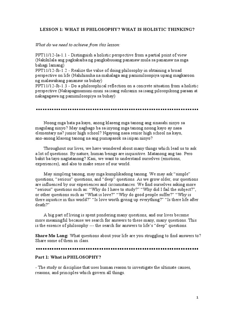 Lesson 1 - What Is Philosophy What Is Holistic Thinking | PDF | Thought | Inquiry